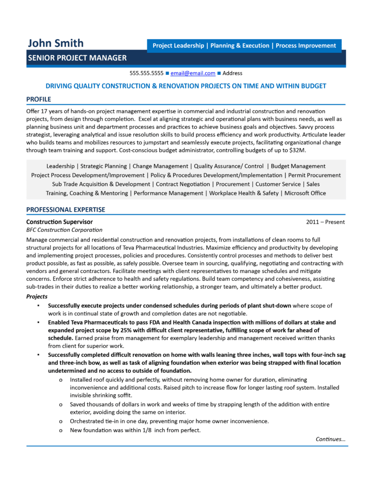 Construction Project Manager Resume Example & Detailed Guide For 2023 ...