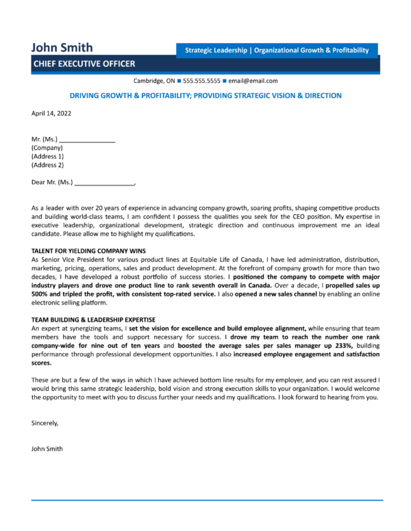 Best Chief Executive Officer (CEO) Cover Letters For 2024